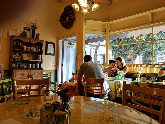 The dining room feels like your favorite aunt's kitchen, if your aunt happened to be an exceptional cook with impeccable taste in ceiling fans.