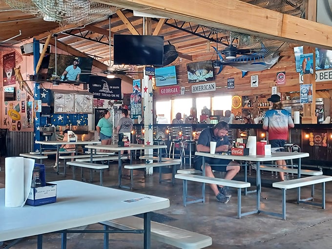 Where fishing tales and good food intersect&mdash;this rustic space with its mounted marlin and weathered wood tells stories even before your meal arrives.