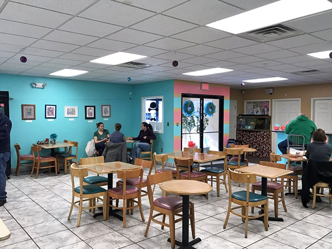 Where donut dreams come true. The simple wooden tables and chairs invite you to sit, savor, and forget about that diet you were considering.