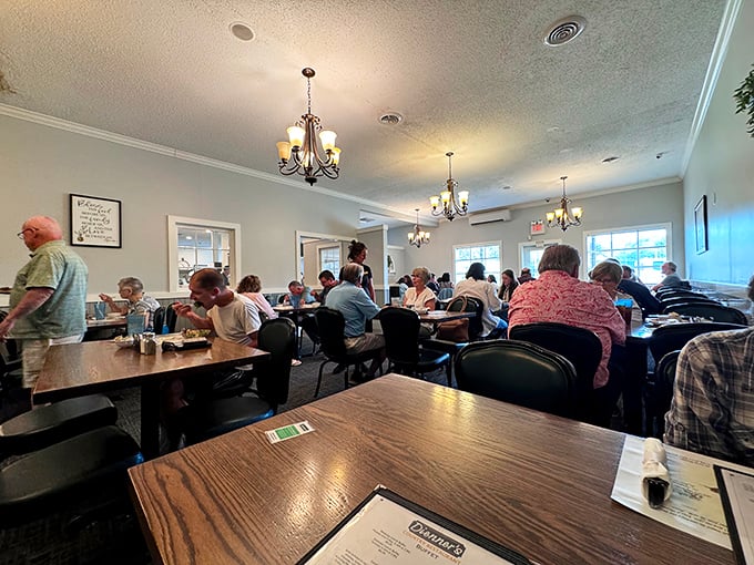 Dining room filled with happy eaters, all engaged in the universal language of "mmm" and "pass the gravy, please."