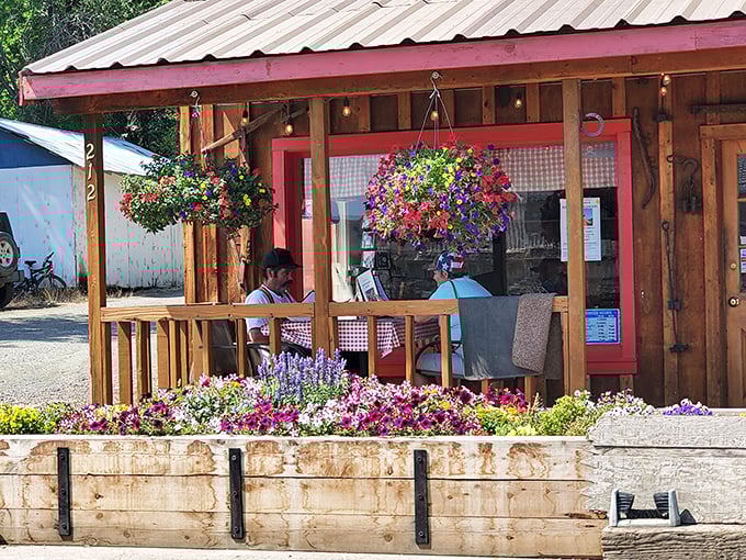 The covered porch at Dayville Cafe offers the perfect spot to enjoy your meal while watching the world of Eastern Oregon roll by.