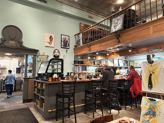The mezzanine offers a bird's-eye view of the breakfast theater below. From here, you can spot the happiest diners in Portland.