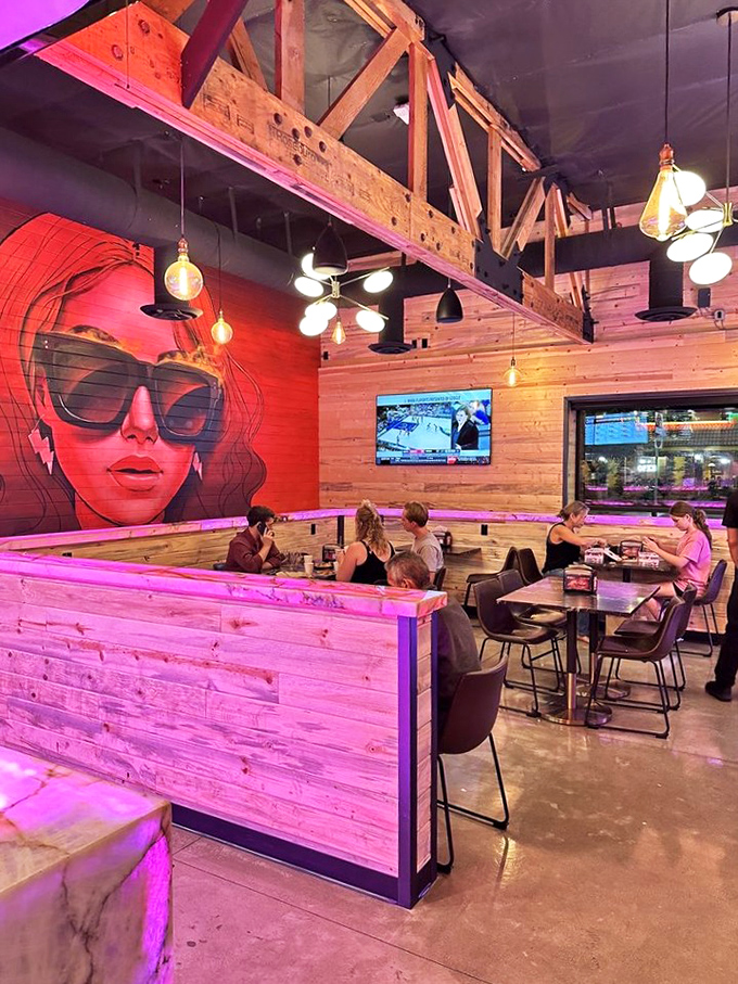 Modern rustic meets fiery chic &ndash; with a mural that seems to say, "Yes, I know exactly what you're about to experience."