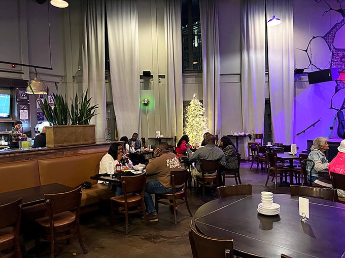 Holiday lights twinkle while diners engage in the universal language of "mmm" and "you've got to try this!"