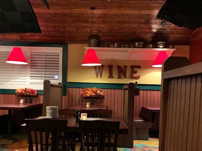 The dining area's "WINE" sign isn't just decoration&mdash;it's more like helpful navigation for weary travelers seeking liquid happiness.