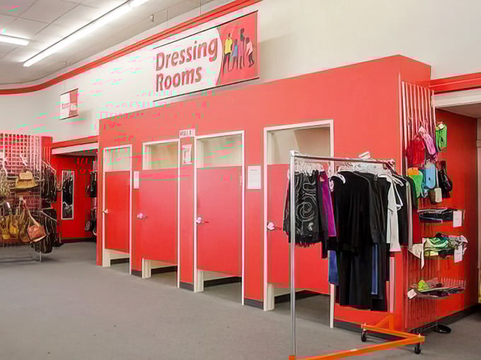 The dressing rooms&mdash;those chambers of truth where bargain dreams either soar or crash. The red doors have witnessed countless fashion decisions.