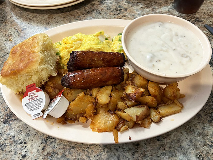 The "Fabulous Five" breakfast lives up to its name – sausage links, eggs, and a biscuit that could convert a health food fanatic to the church of comfort.