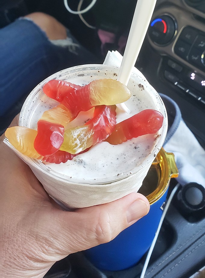 Gummy worms and custard&mdash;childhood and adulthood collide in the most delightful way possible. Car eating is an extreme sport worth mastering.