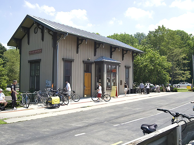 The restored train station stands as a bicycle-friendly reminder of Yellow Springs' connection to the Little Miami Scenic Trail&mdash;wheels replacing rails.