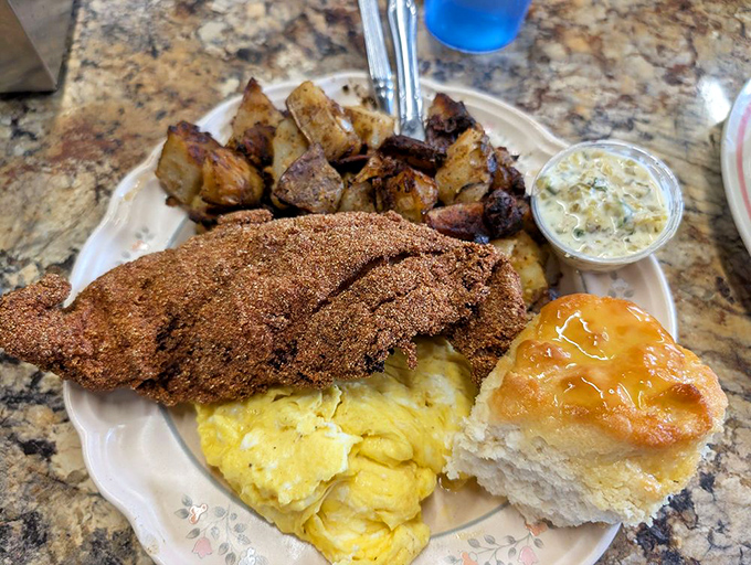 This isn't just catfish for breakfast&mdash;it's a Southern revelation, perfectly seasoned and fried, making you wonder why you ever settled for cereal.