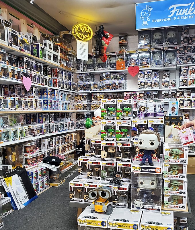 Funko Pop paradise! A shrine to vinyl collectibles where grown adults can justify spending grocery money on tiny Batman figures with oversized heads.