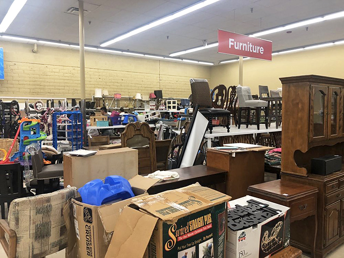 The furniture section resembles a showroom where every piece whispers stories of previous lives lived.