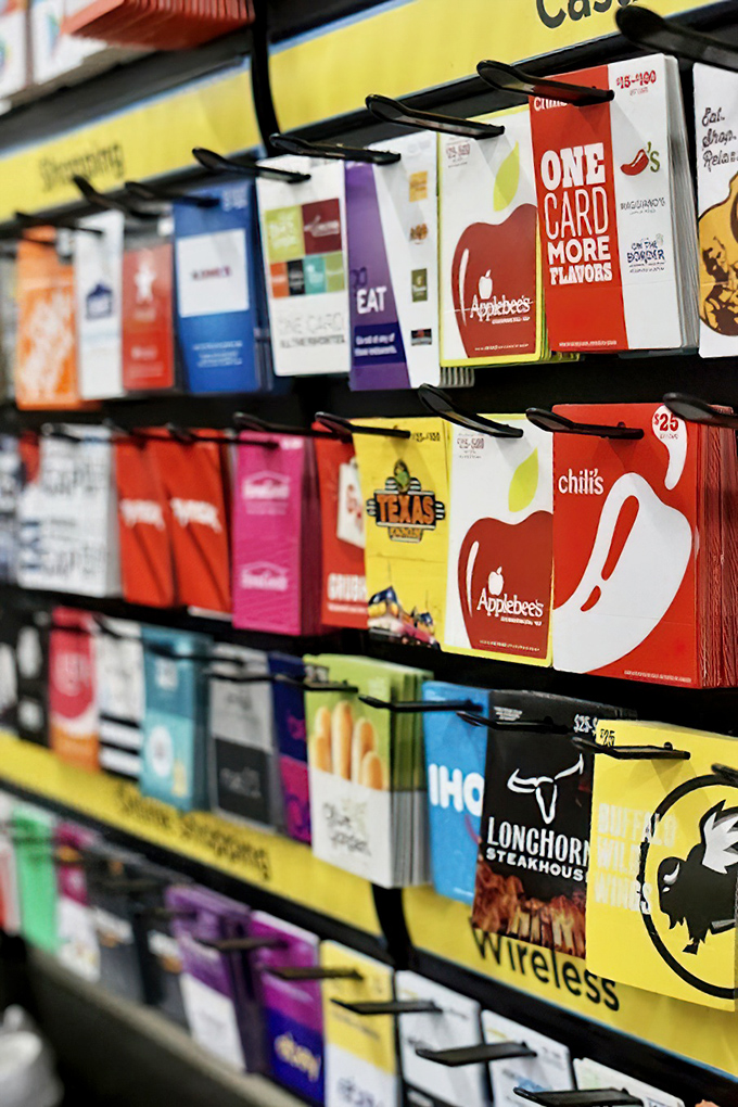 Gift card galore! When you can't decide what to give, these colorful rectangles of restaurant possibilities solve the dilemma while adding a splash of rainbow to your wallet.