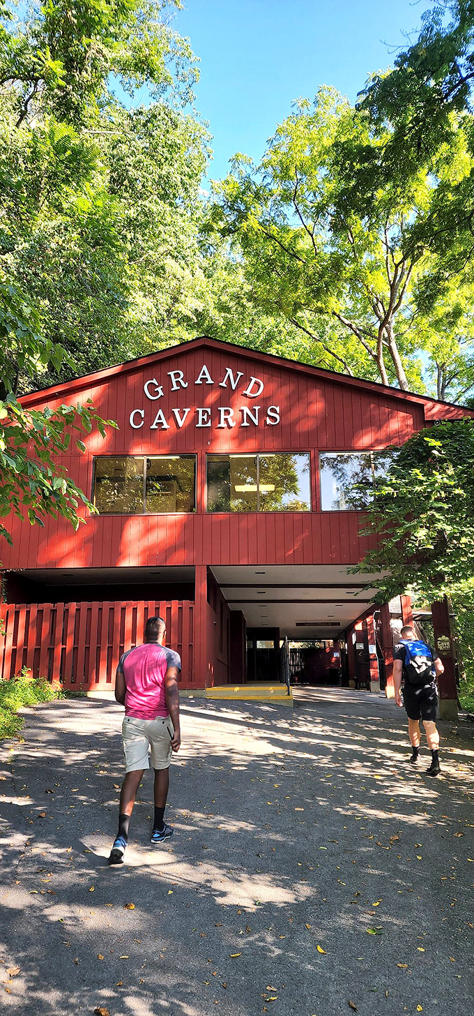 The vibrant red visitor center emerges from the forest like a cheerful beacon, guiding travelers to the underground marvels.