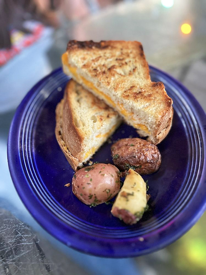 A grilled cheese sandwich that understands the assignment, with perfectly golden bread and those herb-roasted potatoes playing the perfect supporting role.