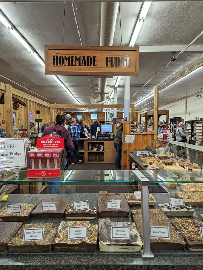 The fudge counter&mdash;where chocolate dreams are sliced into generous squares. Dark chocolate walnut, caramel, and pecan turtle tempt from behind glass.