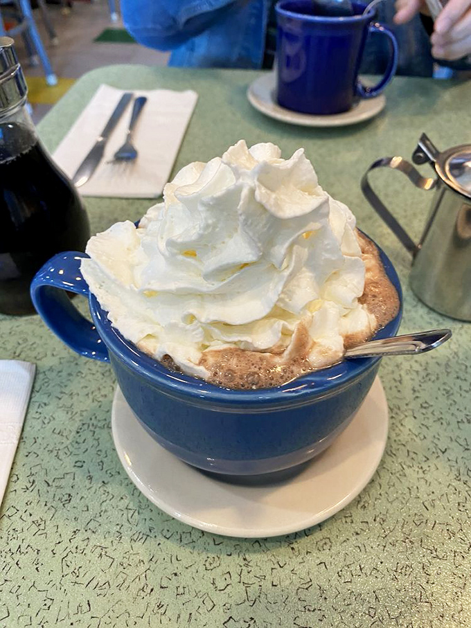 Hot chocolate that's dressed for a special occasion, wearing a cloud of whipped cream like it's going to the dessert prom.