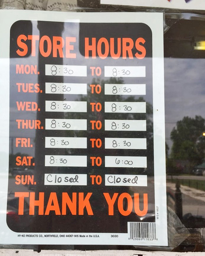 Hours of operation that respect both commerce and sanity. Closed on Sundays&mdash;because even nostalgic treasure-hunting needs a day of rest.