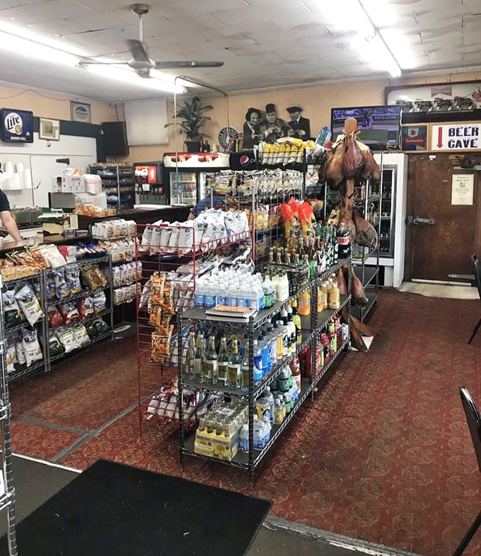 Where locals gather for more than just provisions. The red carpet treatment here comes in the form of red-patterned linoleum.