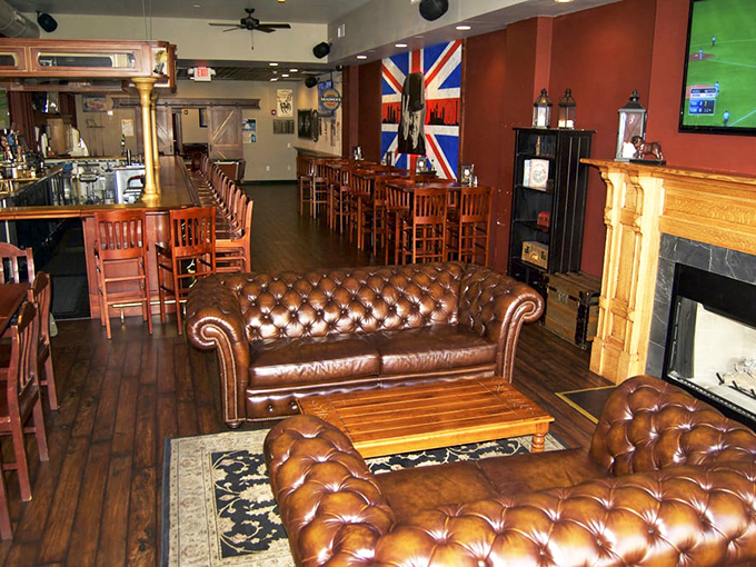 Chesterfield sofas, Union Jack pride, and a fireplace ready for post-match debates &ndash; this isn't decoration, it's transportation to a corner of England.