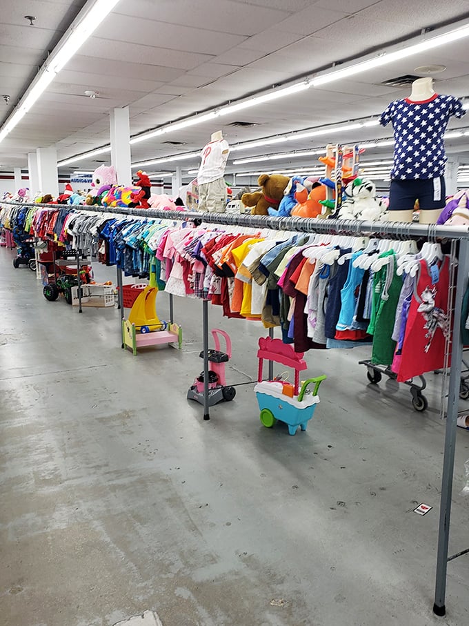 The children's section: where tiny fashionistas get their start. These racks hold enough colorful options to outfit an entire elementary school with change to spare.