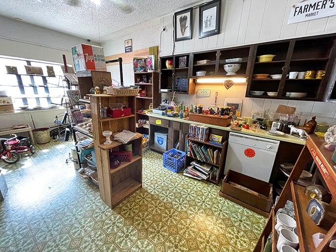 A kitchen corner that feels like stepping into your great-aunt's farmhouse, complete with vintage Pyrex that's suddenly trendy again.