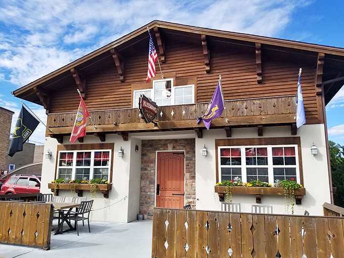 Kleeman's Bar & Grill's cheerful blue exterior and welcoming porch offer a distinctly Wisconsin take on Swiss-American hospitality.