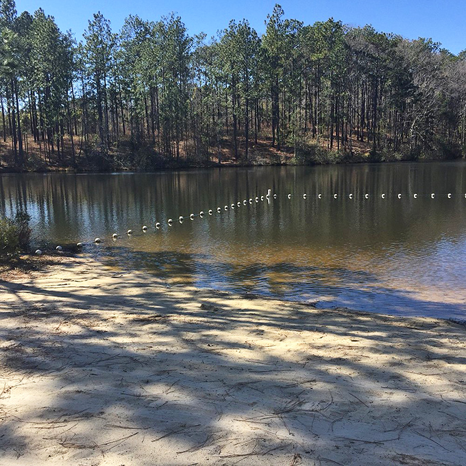 A swimming lake ringed by pines offers cool relief after hiking. That rope line separates the "I'm just cooling my feet" crowd from the "I'm going all in" folks.