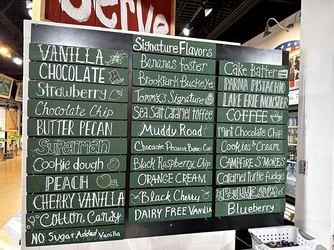 The flavor board reads like poetry for your taste buds. Each chalk-written option promises a different journey into ice cream bliss.
