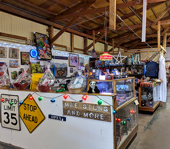 Road signs point to nostalgia while twinkling lights create a year-round festive atmosphere in this corner of collectible Americana.