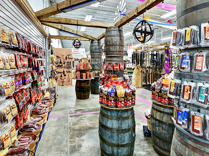 Wooden barrels cradle meat snacks and treats in a display that would make any road-tripper's heart skip a beat.