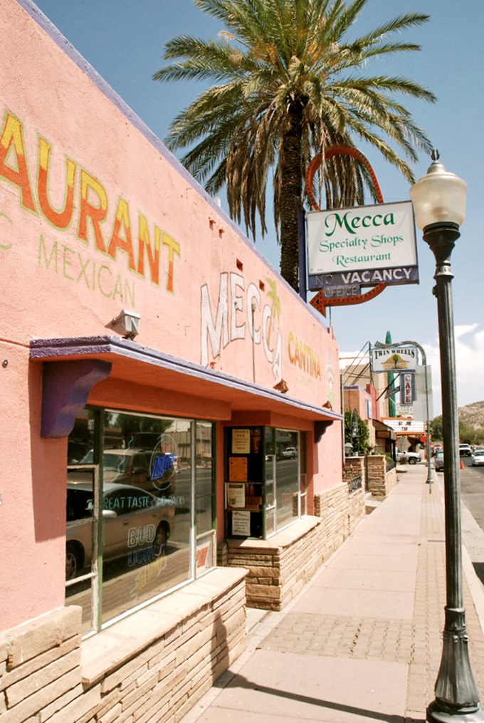 Mecca Restaurant's vibrant pink exterior is like a desert mirage, except this oasis actually delivers on its promise of satisfying meals.