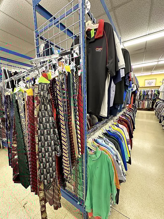 Ties hanging like colorful stalactites in a fashion cave. Each pattern tells a story&mdash;some best left in the '90s, others timeless classics.