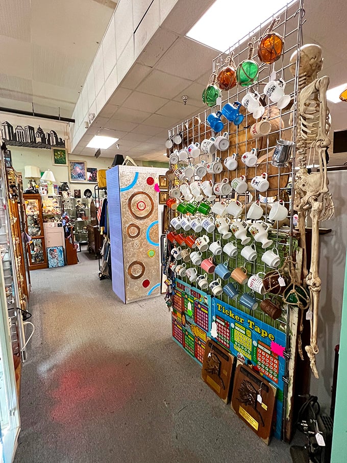 Mugs with stories to tell and coffee to hold. That vintage skeleton hanging nearby seems equally interested in the ceramic collection.