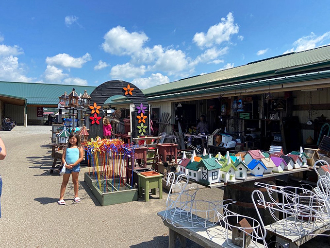 The outdoor marketplace feels like a treasure hunt, where colorful pinwheels spin in the breeze and handcrafted birdhouses await their feathered tenants.