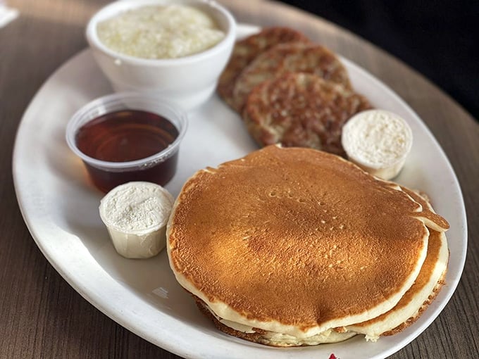 Pancakes so perfectly golden they look airbrushed, with butter melting into that sweet abyss. Breakfast or dessert? Yes.
