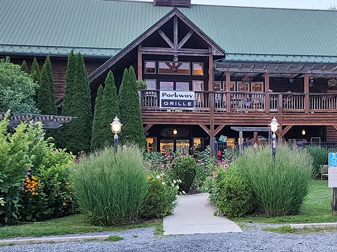 Parkway Grille's rustic timber frame and lush garden path invite diners to experience mountain cuisine in a setting worthy of a cabin-fever dream.