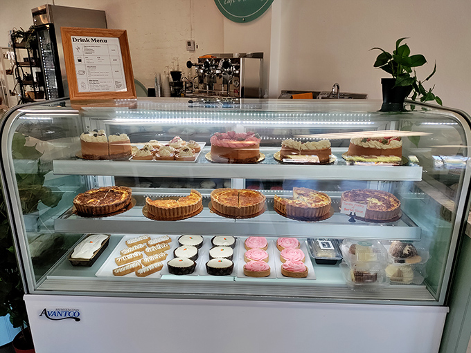 The display case&mdash;a glass-fronted museum of pastry perfection&mdash;showcases tarts, cakes, and other treats that make choosing just one nearly impossible.