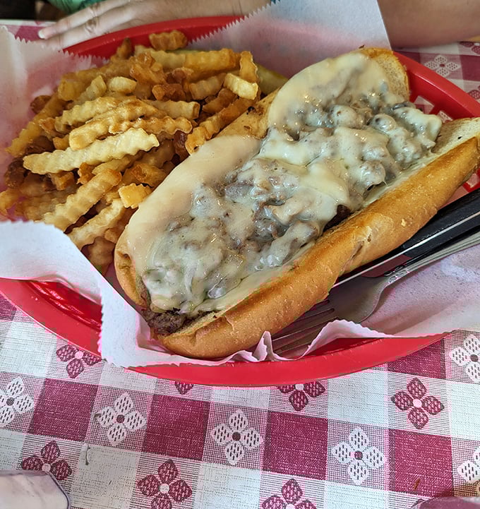 A Philly cheesesteak that would make Philadelphians nod in respect, served with a generous pile of crinkle-cut fries that refuse to be ignored. 
