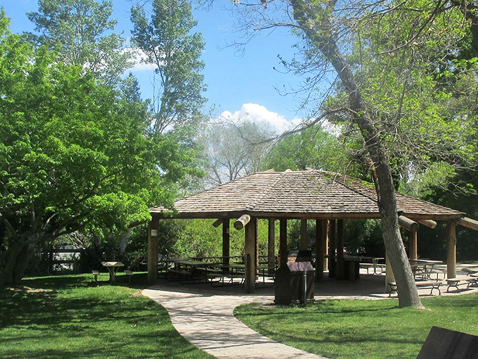 This rustic picnic pavilion practically begs for family gatherings where stories flow as freely as the nearby Carson River.