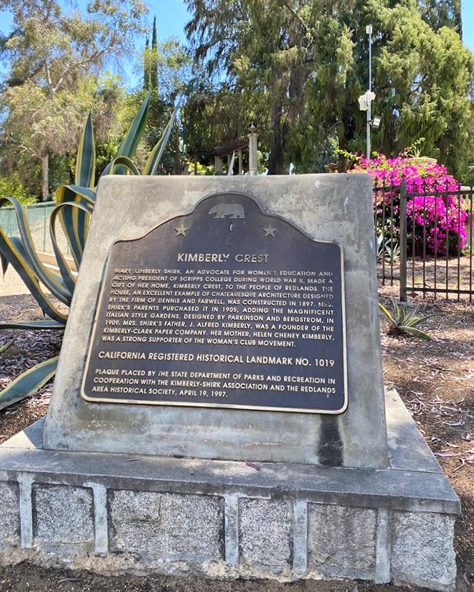 This historical marker reveals Kimberly Crest's impressive pedigree as California Registered Historical Landmark #1019, officially confirming what your eyes already knew.