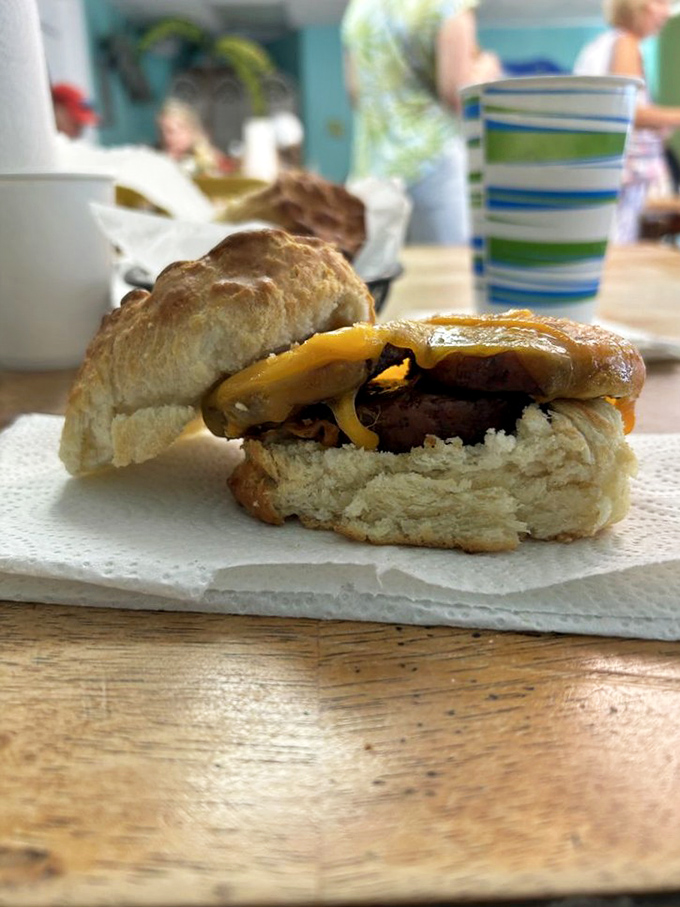 A breakfast sandwich that understands the importance of proper meat-to-bread ratio &ndash; engineering perfection on a humble biscuit.