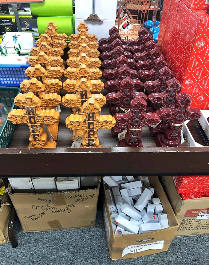 "Hope" crosses and decorative bears stand at attention like an army of knickknacks waiting to march home with you.