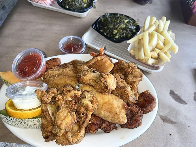 A platter that requires both hands and a strategy&mdash;fried seafood perfection that makes you grateful for elastic waistbands.