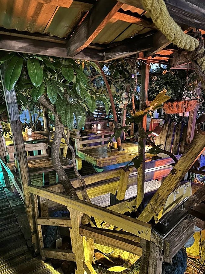 At night, the rustic wooden seating areas transform into a magical hideaway that feels like you've discovered Florida's best-kept secret.