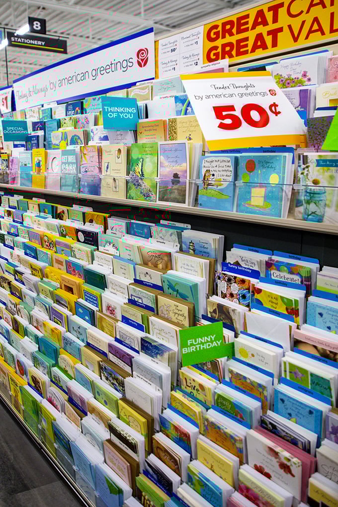 The greeting card section offers sentiments for every occasion at prices that won't make you need a sympathy card for your wallet.