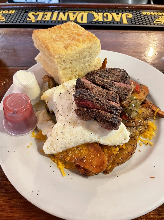When breakfast goes bold&mdash;steak and eggs with attitude. The kind of plate that makes you want to cancel your lunch plans.