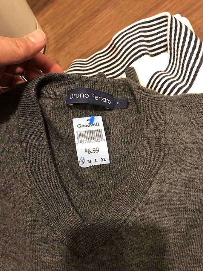 A Bruno Ferraro sweater for less than a fancy coffee? This is the thrift store equivalent of finding money in your winter coat pocket.