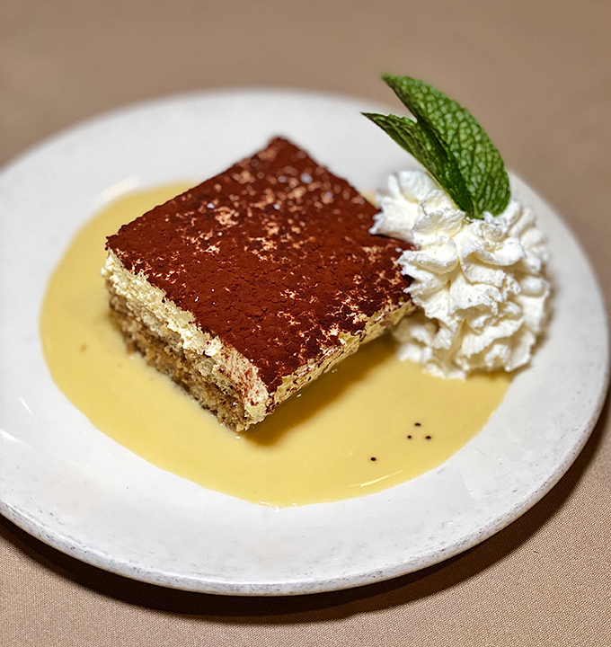 Dessert that knows its role&mdash;sweet enough to satisfy but not so elaborate it steals the show from the beef. That mint leaf is just showing off.
