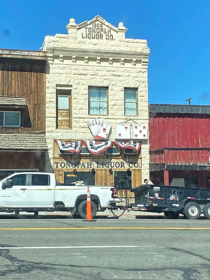 The Tonopah Liquor Company building stands as a limestone testament to the days when miners needed liquid courage after long shifts underground.